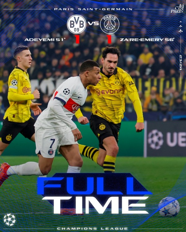 [리뷰] '이강인 68분 출전' PSG, UCL 토너먼트 진출 성공…도르트문트와 1-1 무승부